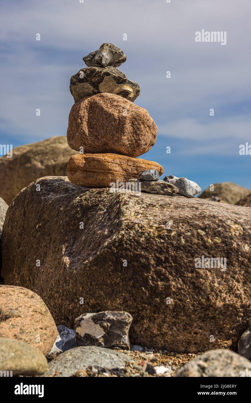 Stack of pebbles on the beach, cairn, Cape Arkona, Rügen, Mecklenburg ...