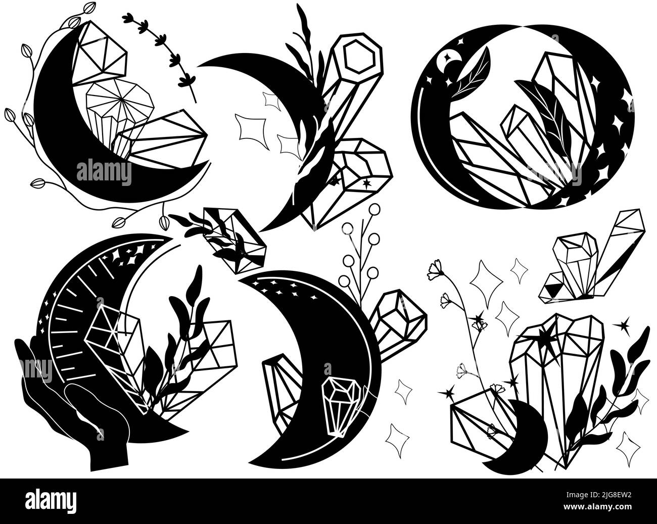 Celestial Moon phase. Magical Moon with crystals, stars, flowers and ...