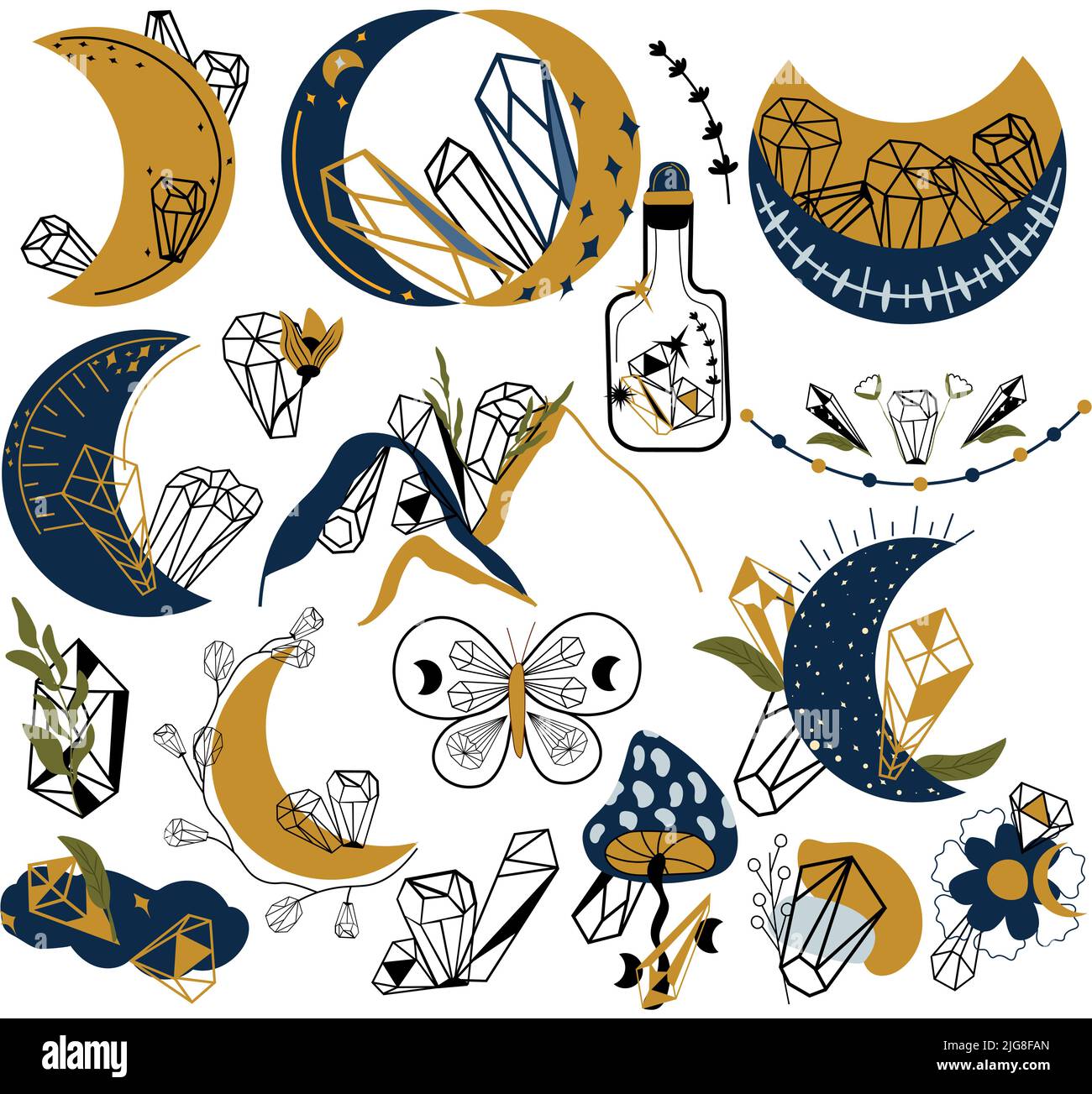 Mystical elements. Magical Moon with crystals, mushroom, stars and ...