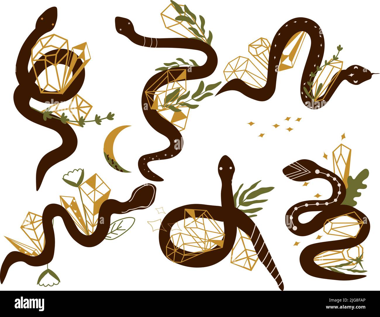 Collection mystical snake with crystals, moon, stars, flowers and ...