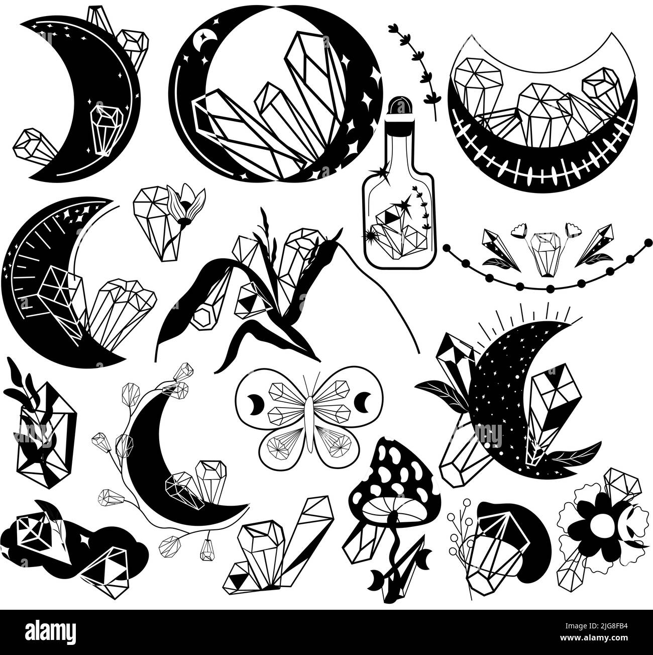 Mystical elements. Magical Moon with crystals, mushroom, stars and ...