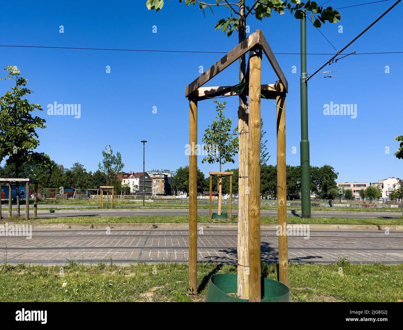 Tramway track with a clear sky in Bruxelles Stock Photo - Alamy