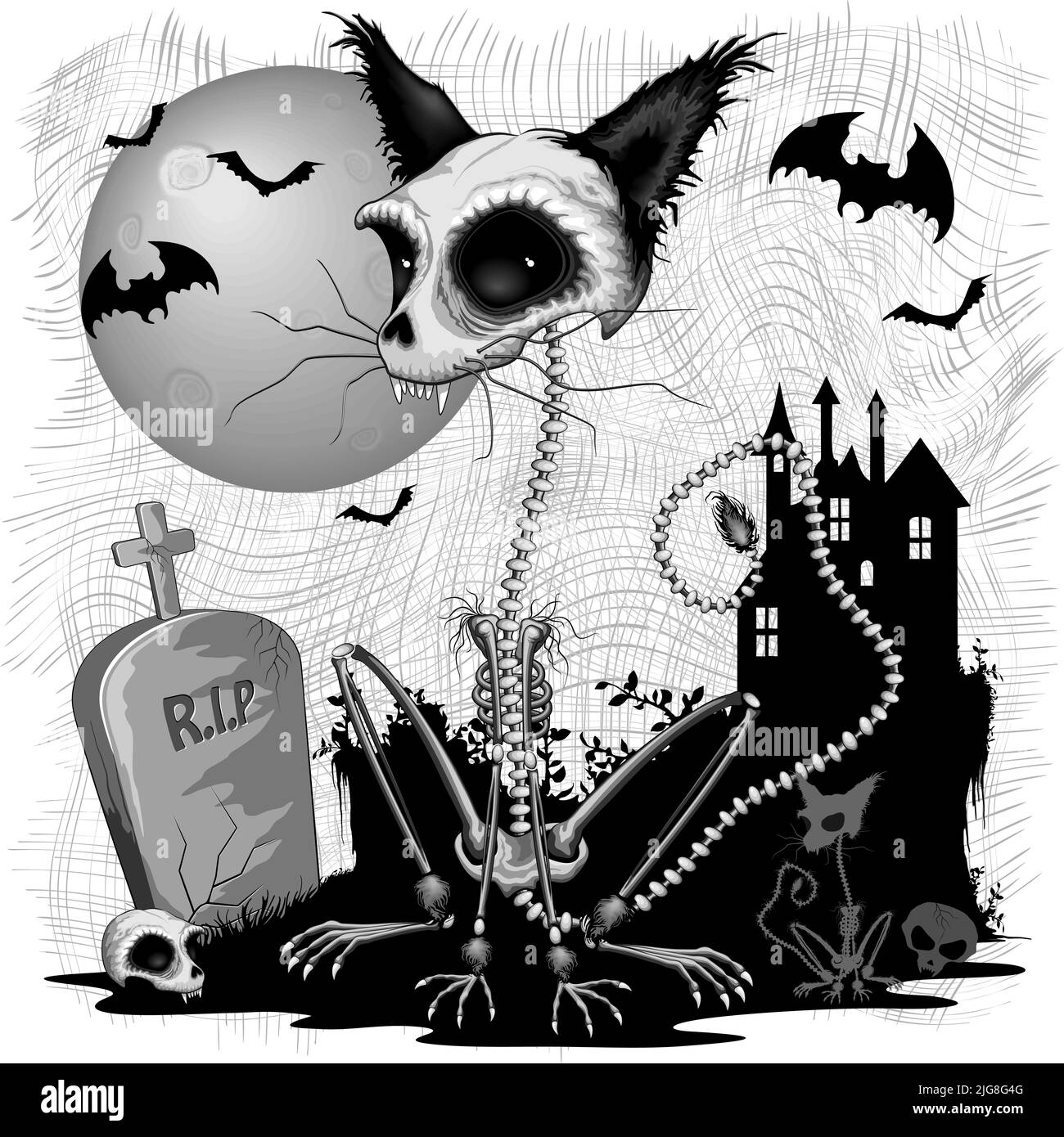 Creepy Cat Zombie Skeleton, spooky Halloween Character with Tombstone ...