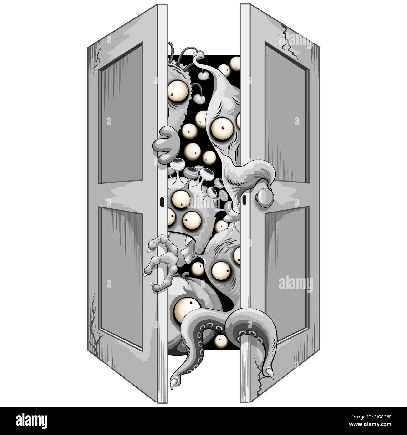 Monsters Creepy Cute and scared Cartoon Characters hidden behind a door ...