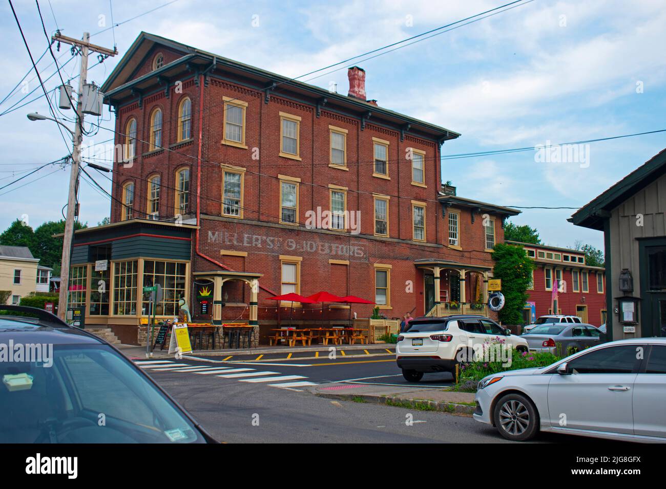 Street views of quaint, historic buildings in suburban town of ...