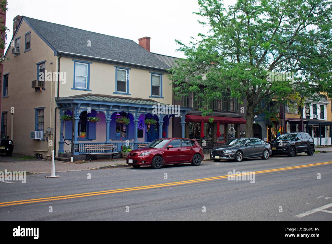 Street views of quaint, historic buildings in suburban town of ...
