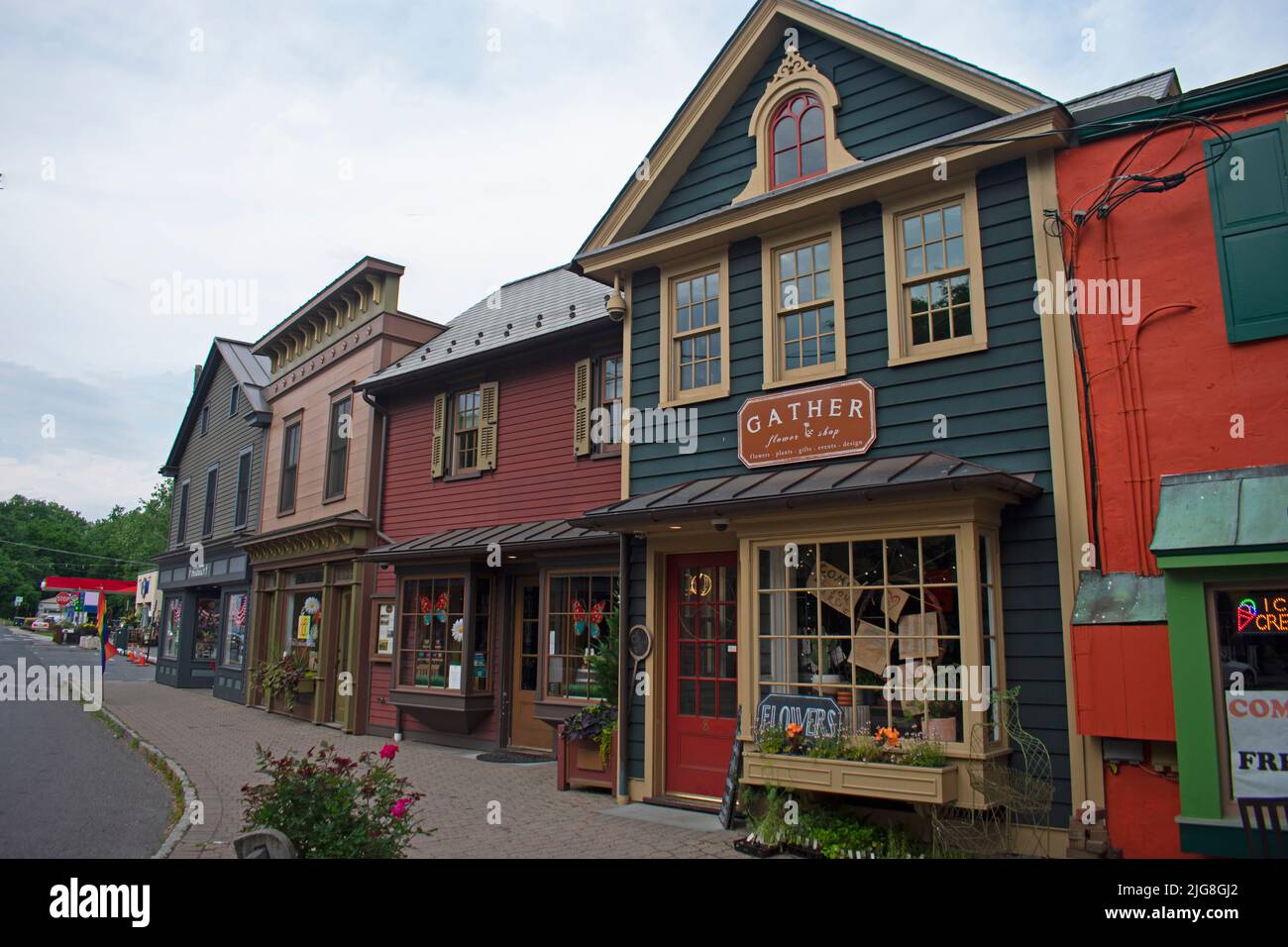 Street views of quaint, historic buildings in suburban town of ...