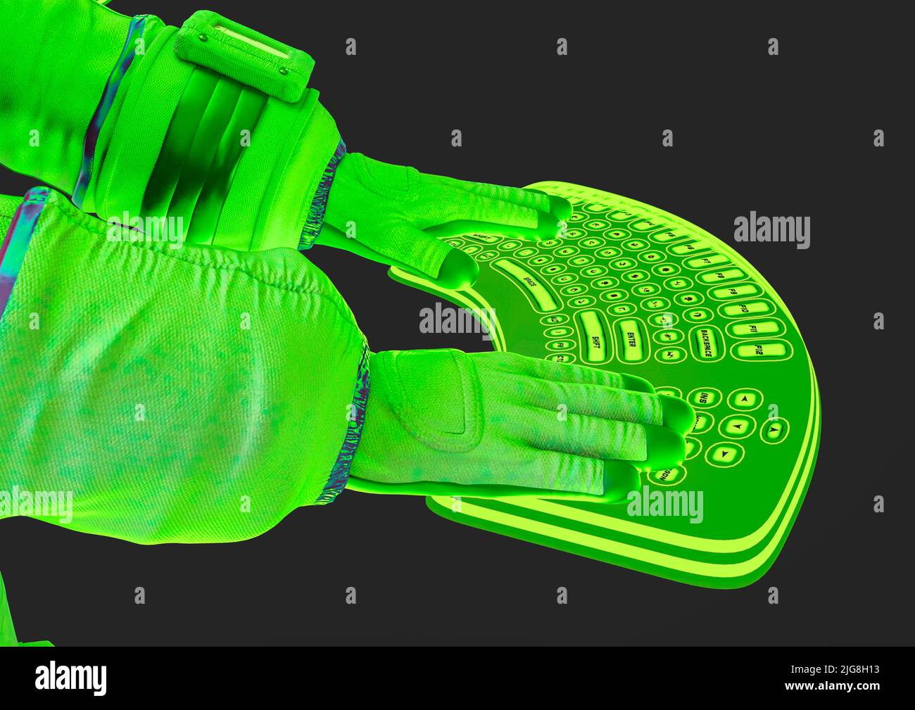 astronaut is typing on a keyboard in a virtual reality scene side view ...