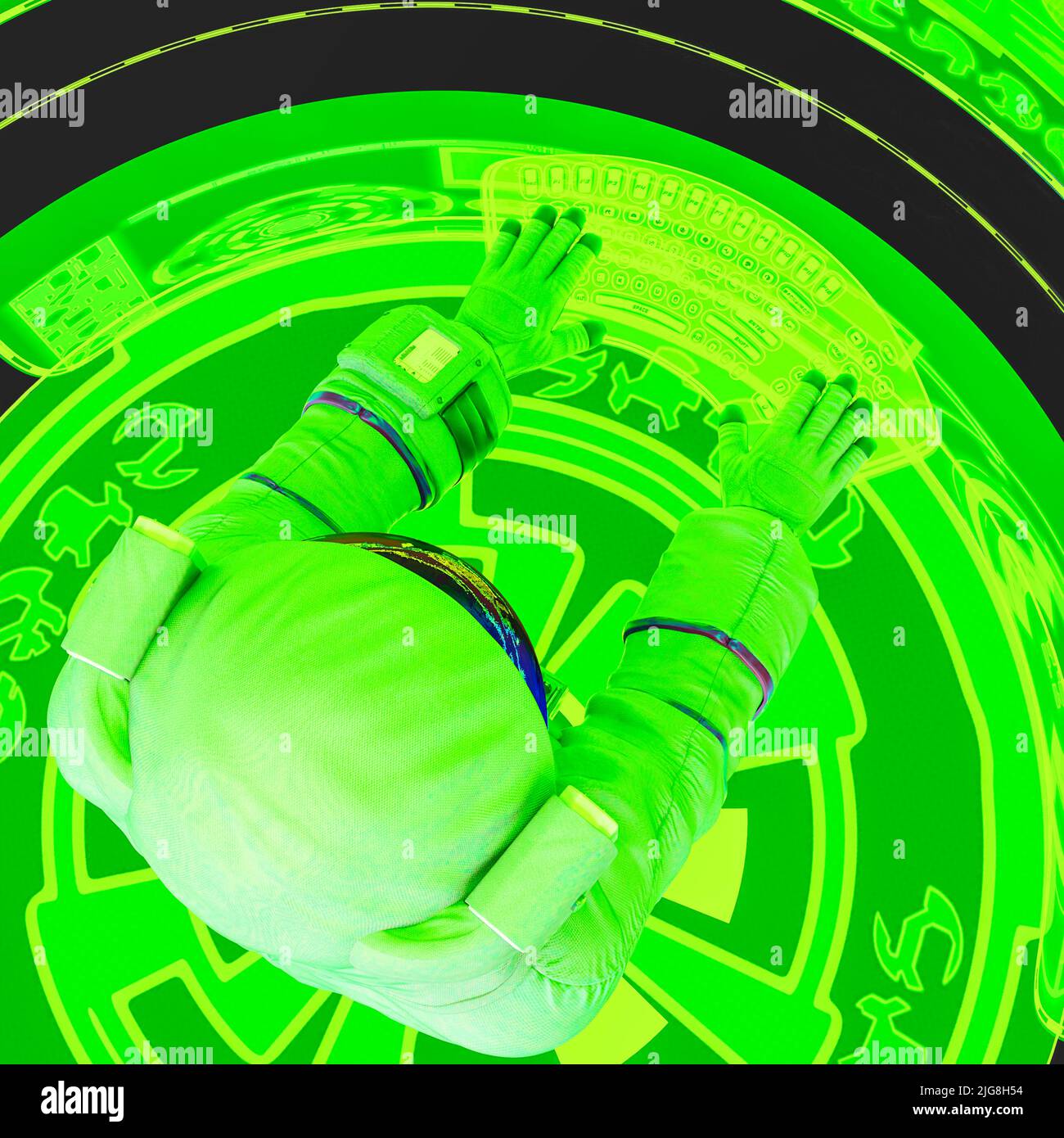 astronaut is typing on a keyboard in a virtual reality scene top view ...
