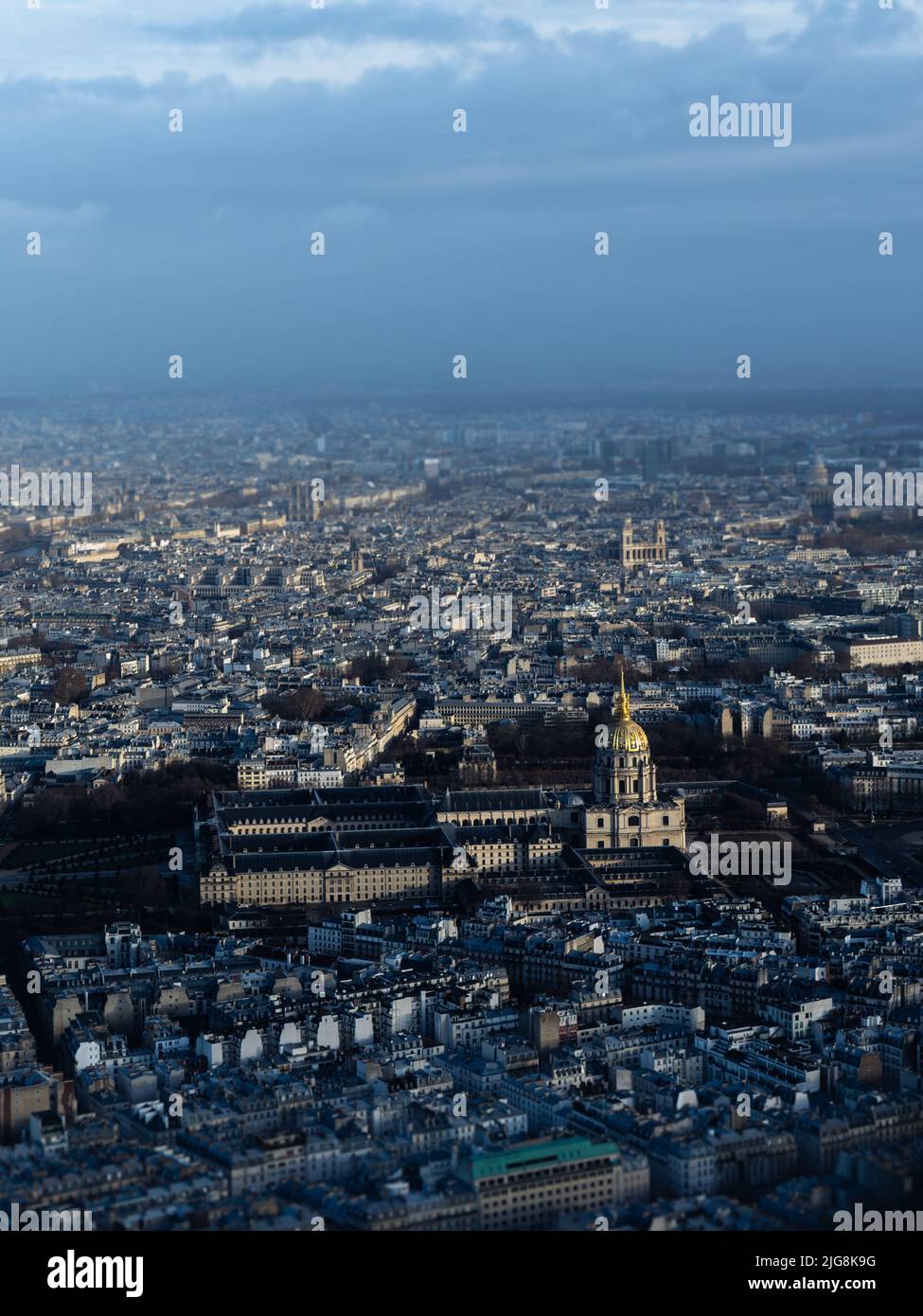 A vertical view of the Paris cityscape from the Eiffel Tower in France ...