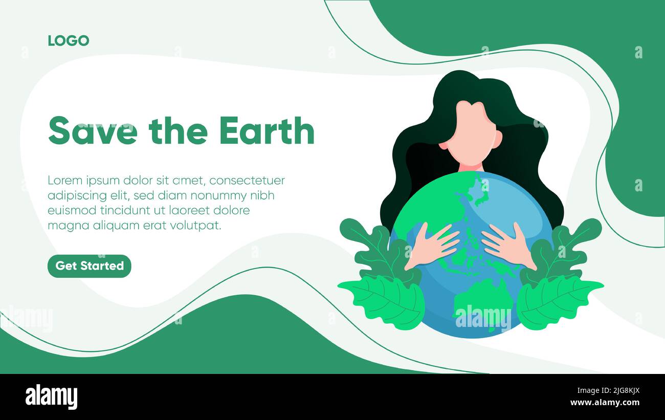 A save the earth banner design background with a girl holding the earth ...
