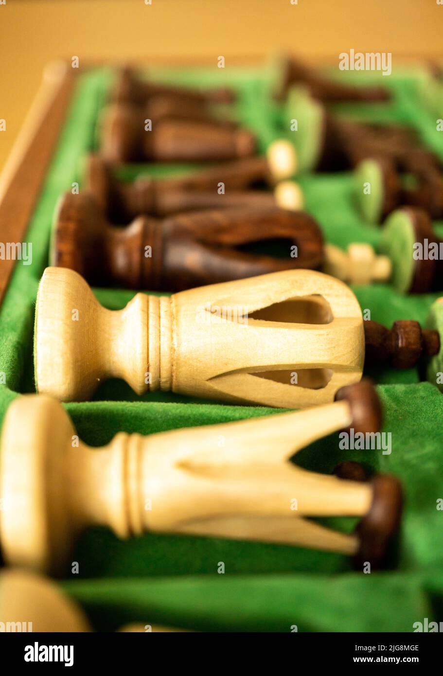 The chess pieces in a box with fixed slots Stock Photo - Alamy