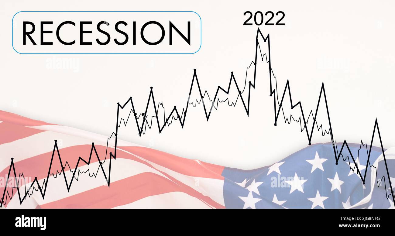 American USA flag with red arrow graph going down showing economy ...