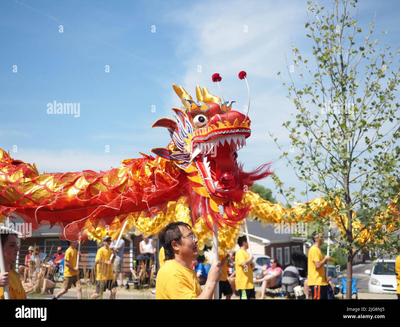 Chinese Dragon entertaining spectators in Parade. Selective focus and ...