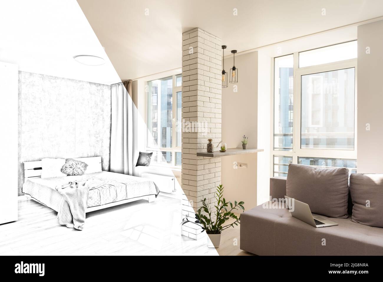 plan illustration and room berfore renovation concept drawing Stock ...