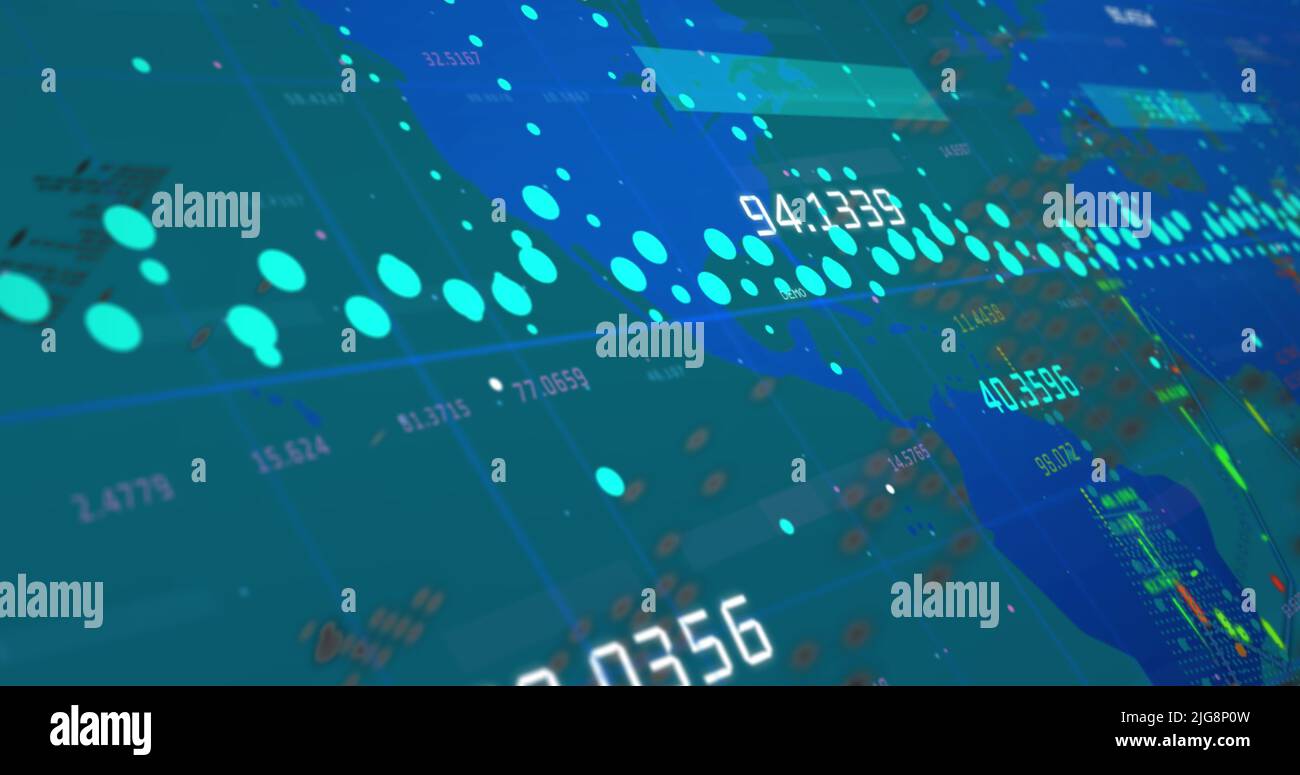 Image of graphs and data over world map on green background Stock Photo ...