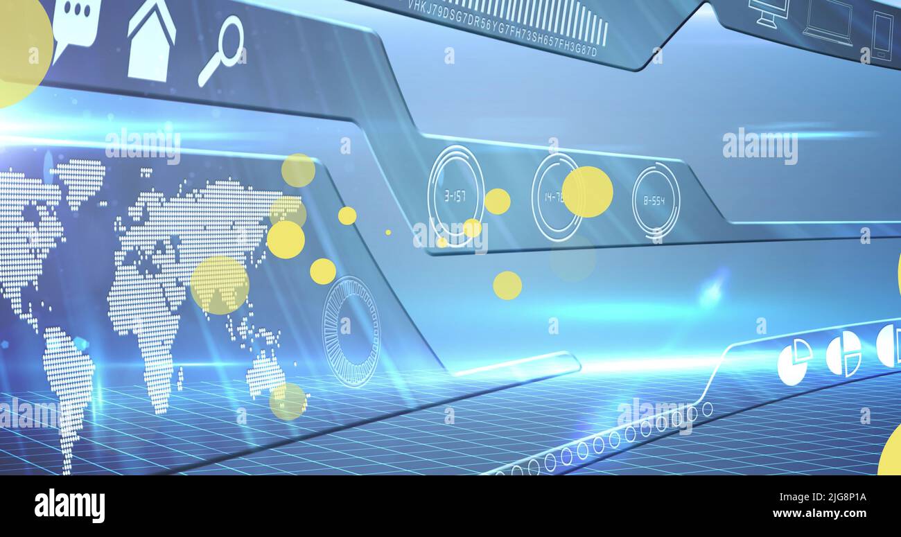 Image of yellow dots, graphs and diverse data processing on navy ...