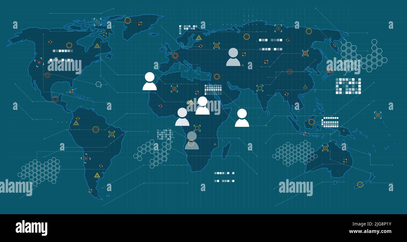 Image of world map and user icons on green background Stock Photo - Alamy