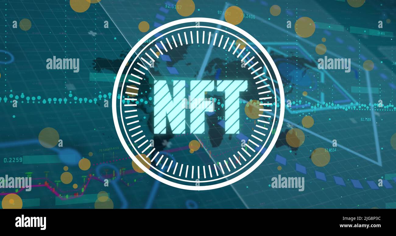 Image of nft and data processing over world map on green background Stock Photo - Alamy