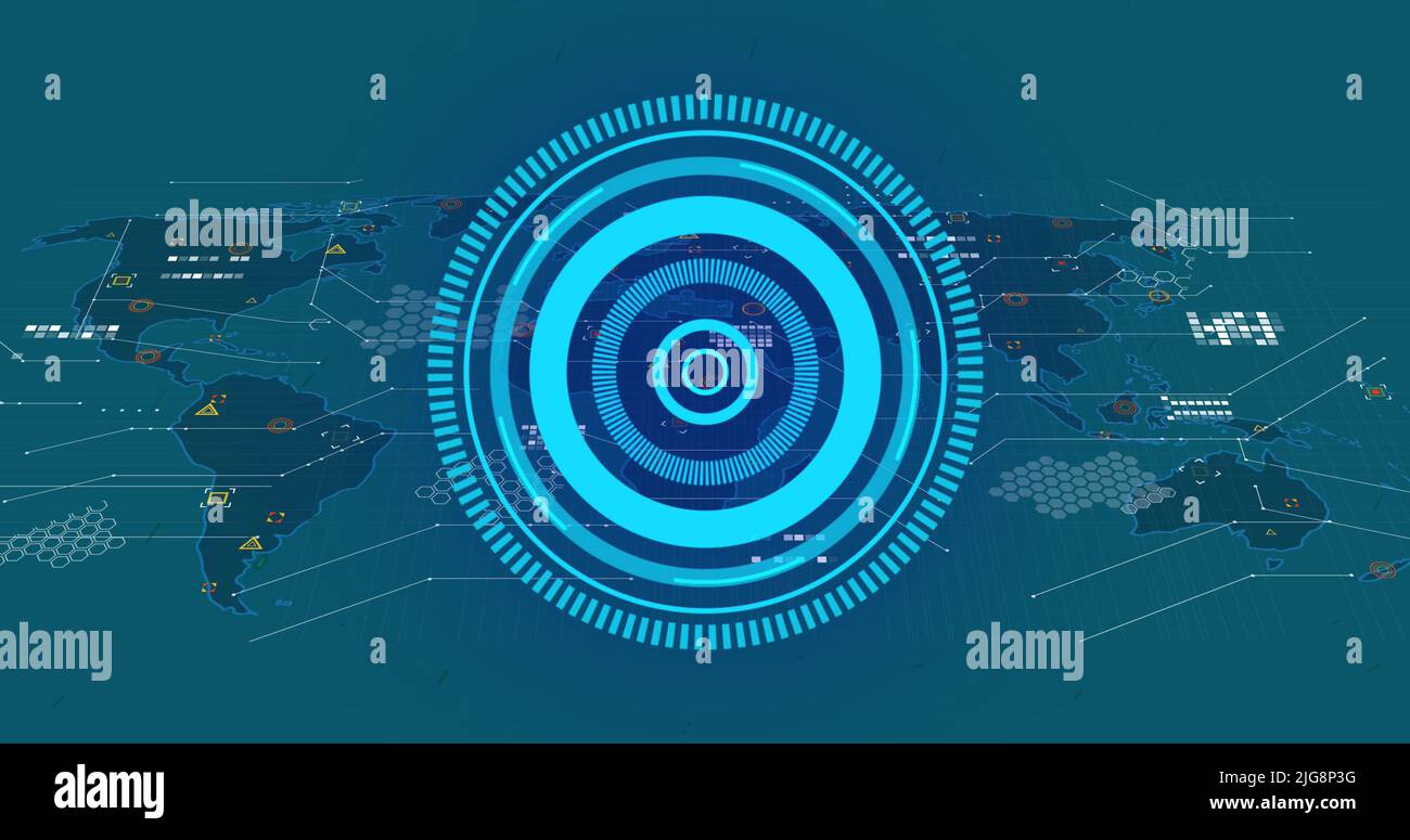 Image of processing circle over world map and icons on green background ...