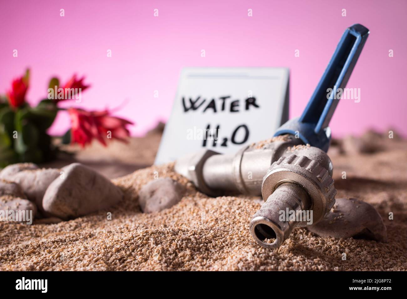 Close-up of a dry open faucet buried by desert sand with a succulent ...