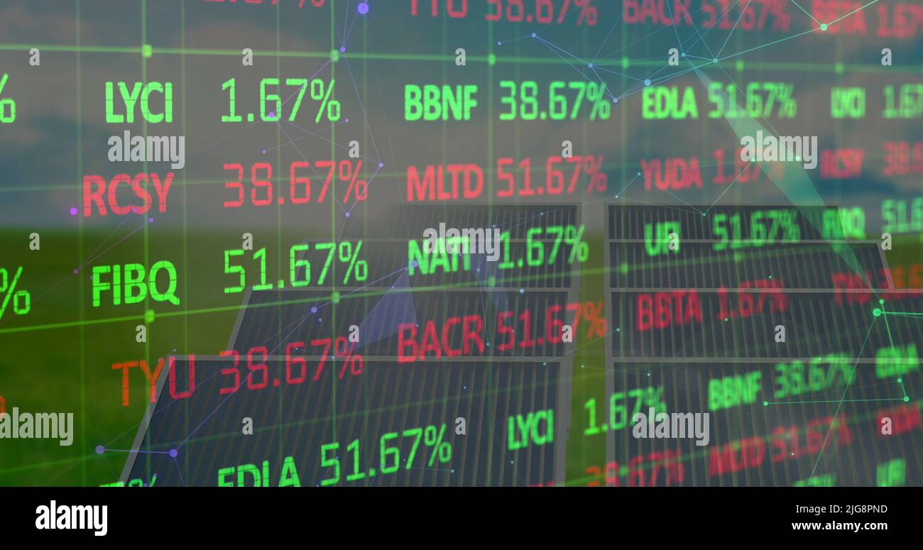 Image of financial data, shapes and graphs over solar panels Stock ...