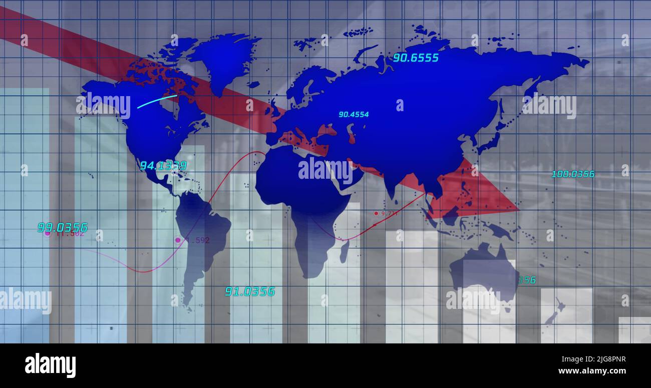 Image of financial graphs, world map and arrow over grey checked ...
