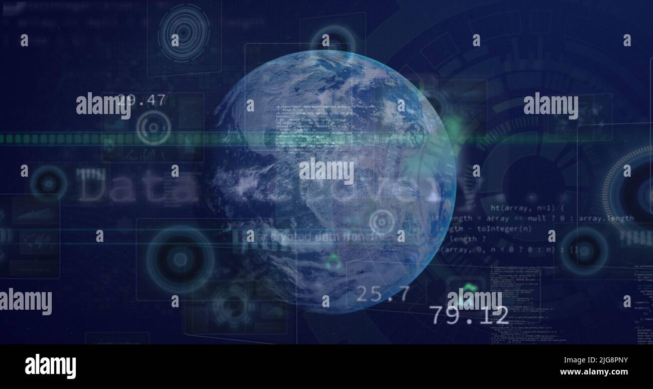 Image of diverse data and icons moving over globe on navy background ...