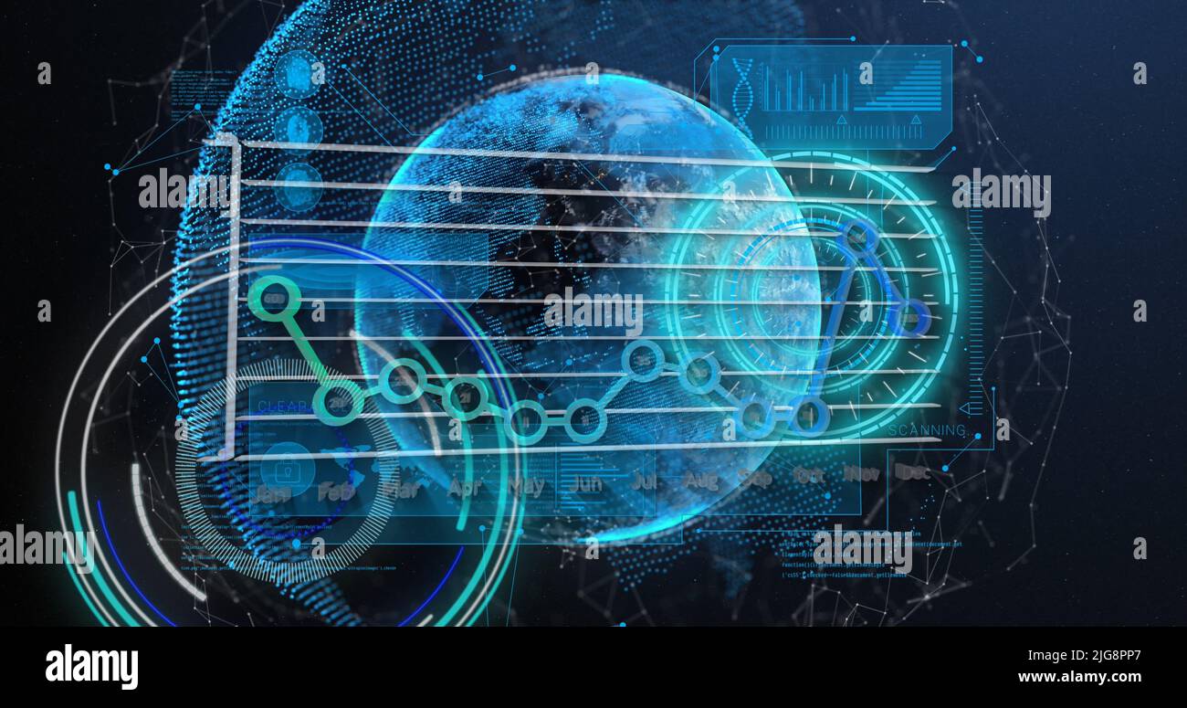 Image of globe, processing circles and graphs on navy background Stock ...