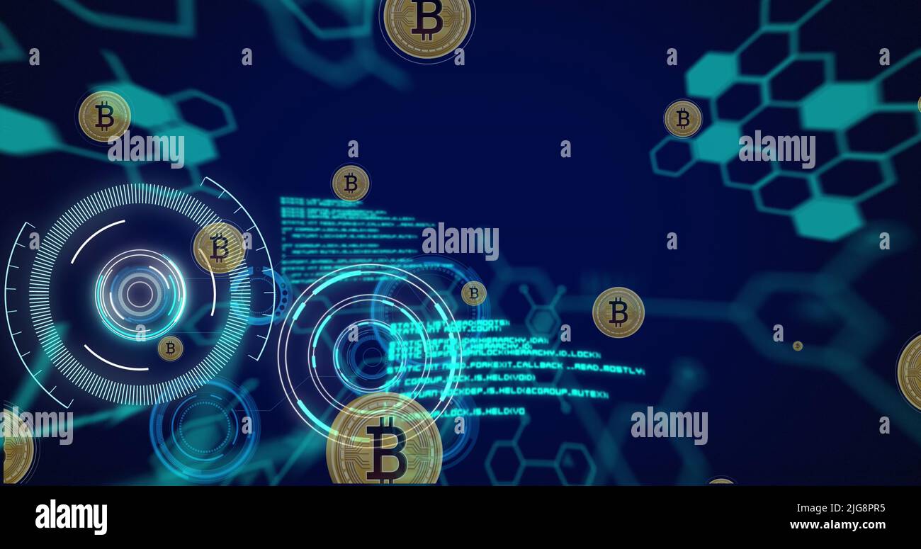 Image of scientific data, bitcoin and hexagons on navy background Stock ...