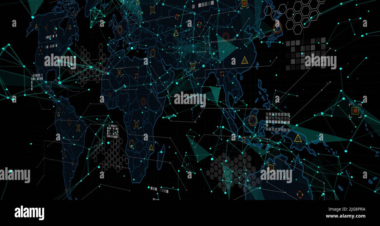 Image of shapes, connections and icons over black background Stock ...