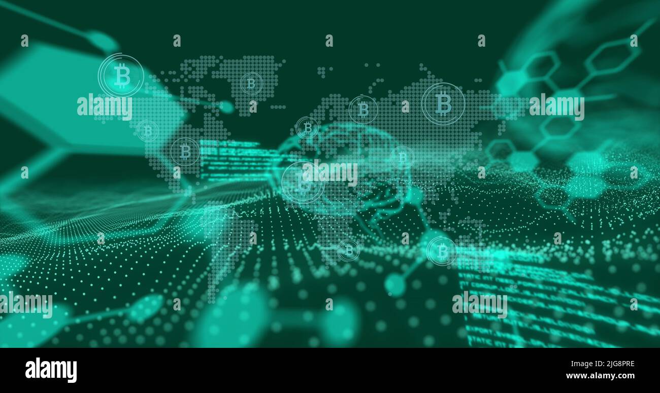 Image of scientific data, brains and world map on dark green background ...