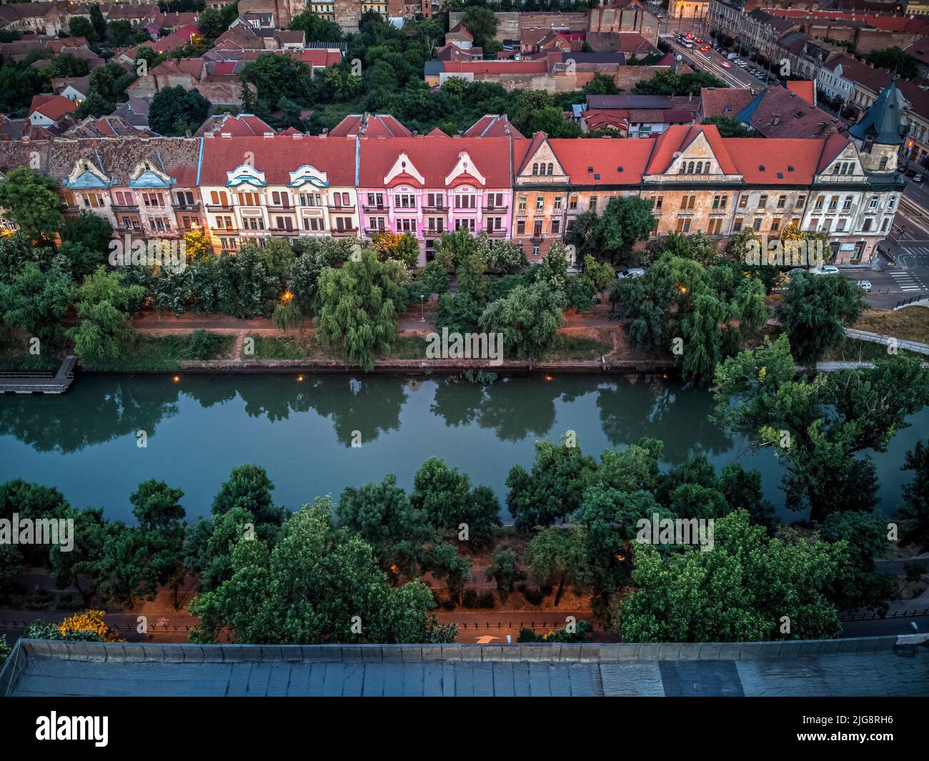 Aerial view of Bega River shore at the blue hour. Drone photo taken on ...