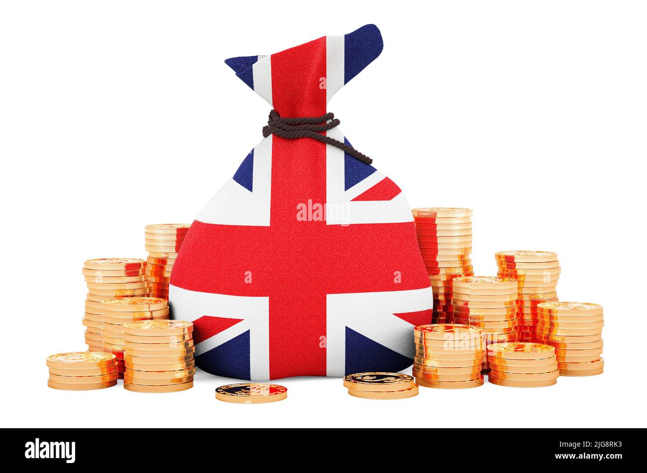 Money bag with British flag and golden coins around, 3D rendering ...