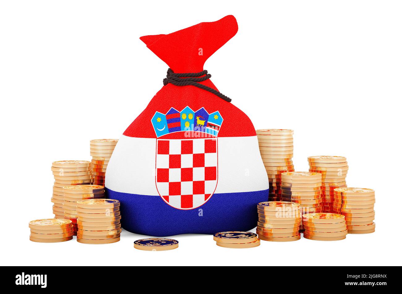 Money bag with Croatian flag and golden coins around, 3D rendering ...