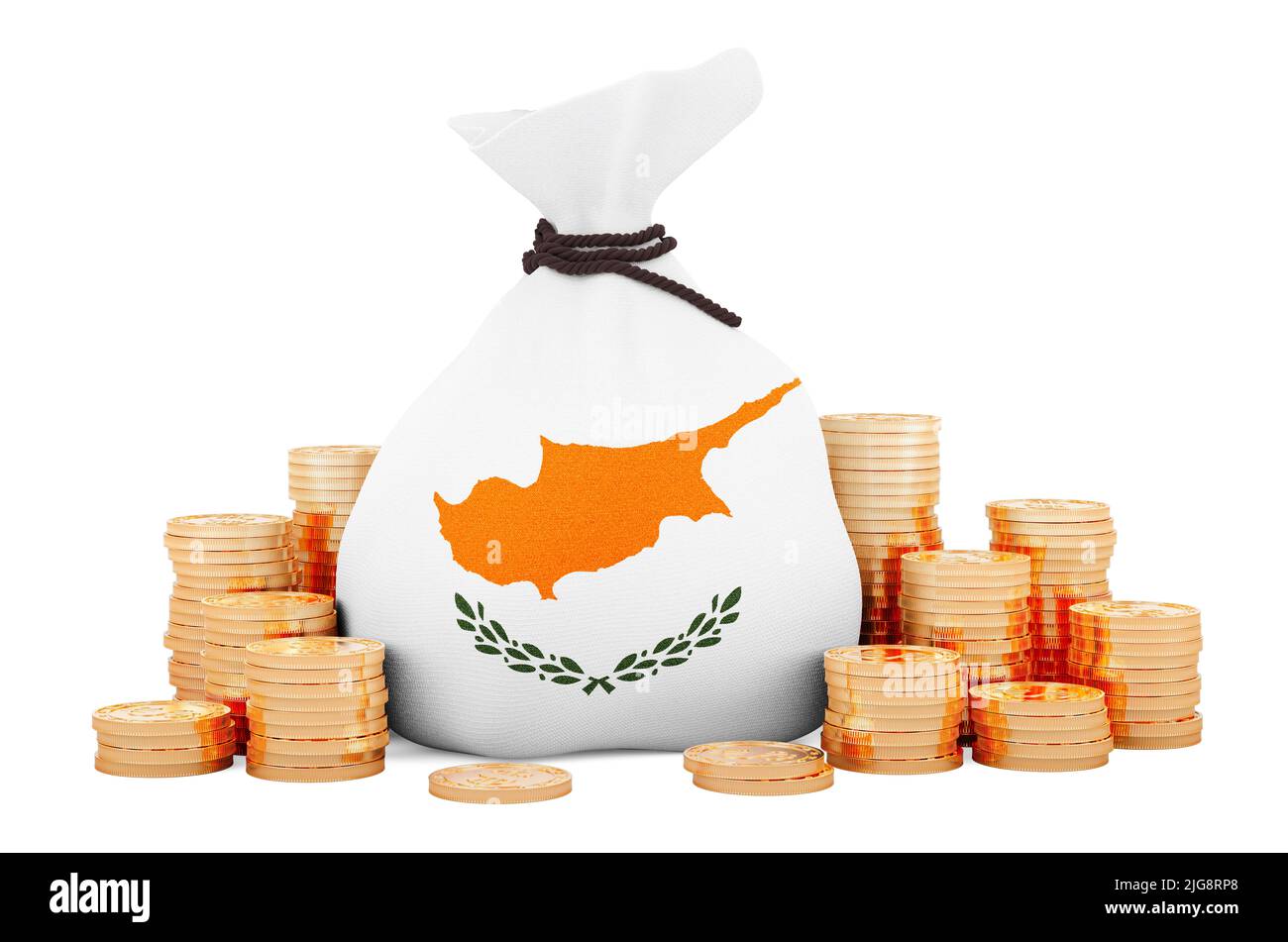 Money bag with Cypriot flag and golden coins around, 3D rendering ...