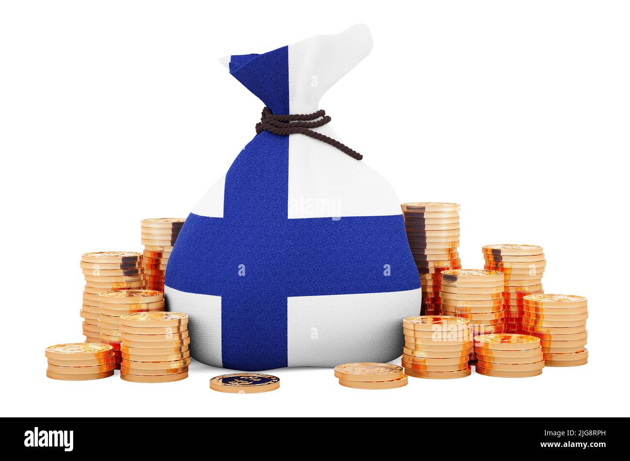 Money bag with Finnish flag and golden coins around, 3D rendering ...