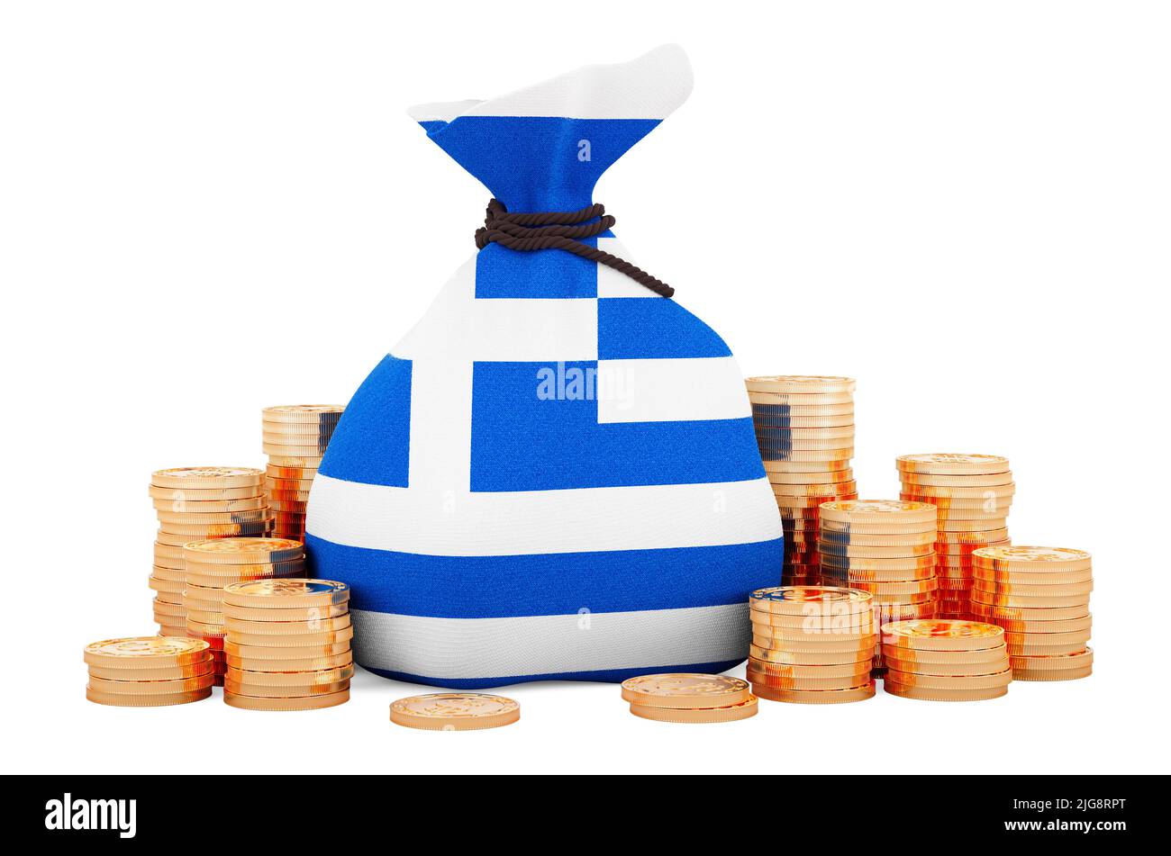Money bag with Greek flag and golden coins around, 3D rendering ...