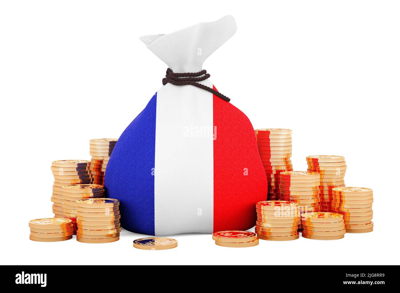 Money bag with French flag and golden coins around, 3D rendering ...