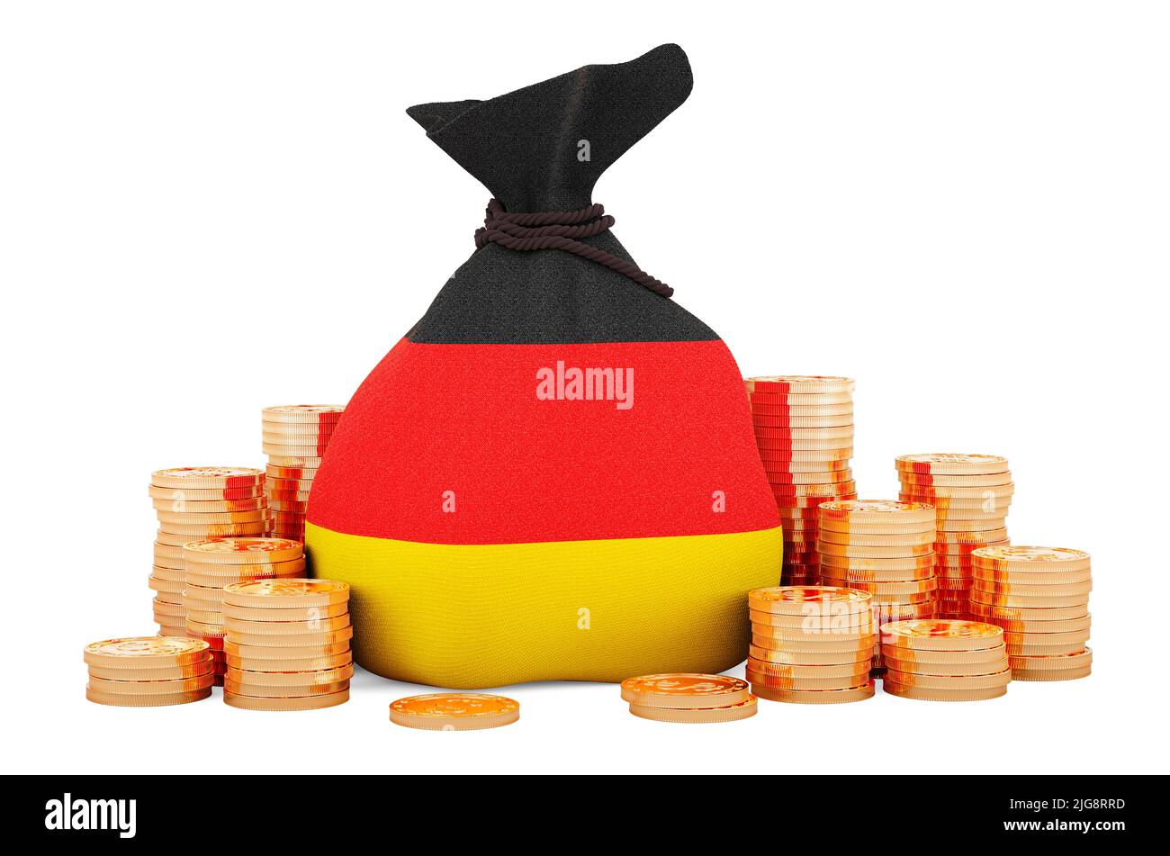 Money bag with German flag and golden coins around, 3D rendering ...