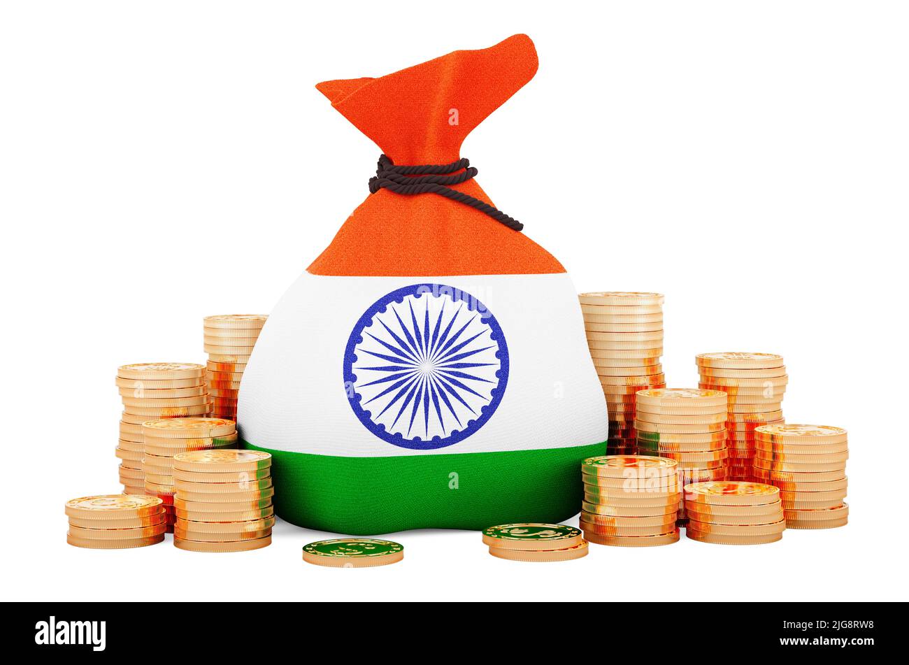 Money bag with Indian flag and golden coins around, 3D rendering ...