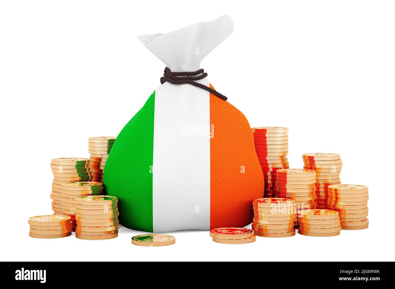 Money bag with Irish flag and golden coins around, 3D rendering ...
