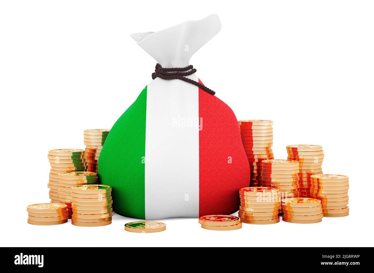 Money bag with Italian flag and golden coins around, 3D rendering ...