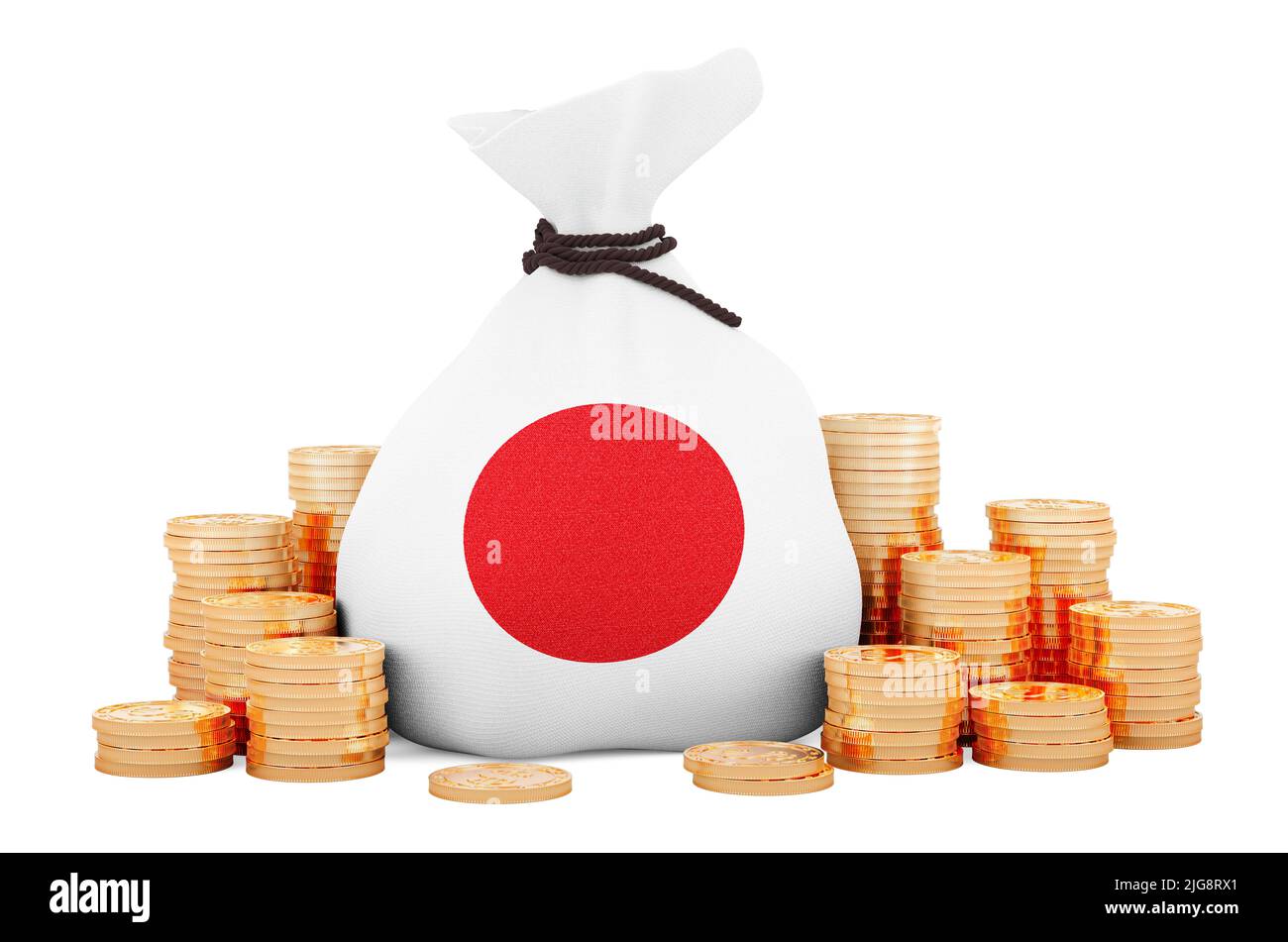 Money bag with Japanese flag and golden coins around, 3D rendering ...