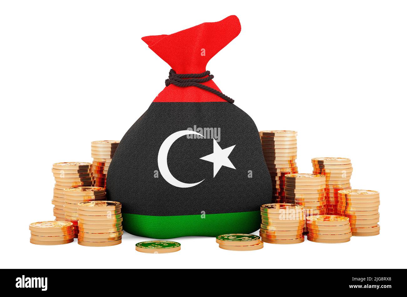 Money bag with Libyan flag and golden coins around, 3D rendering ...