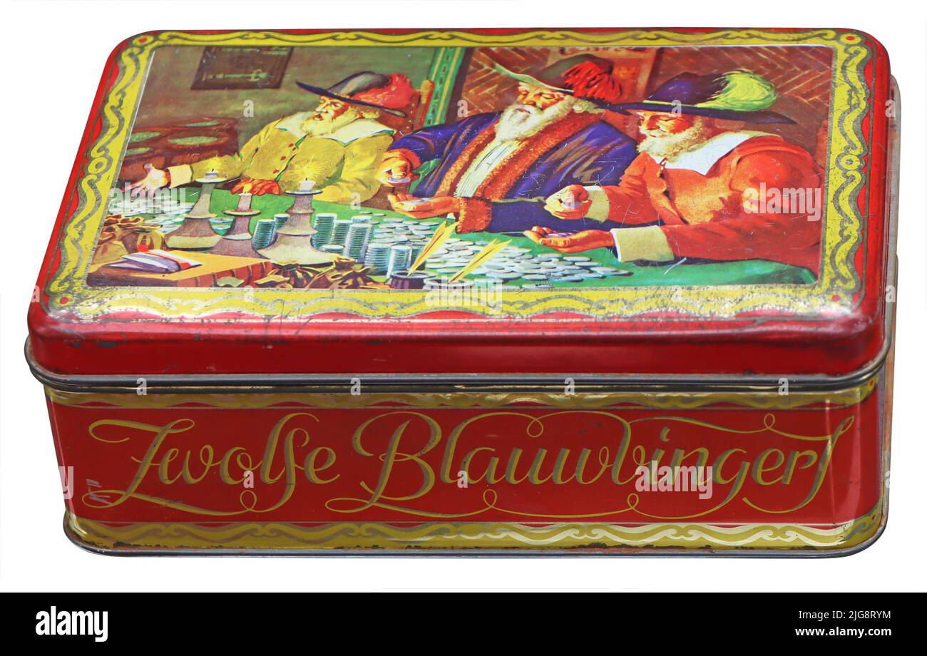 Old red Vintage rectangular metal box, decorated with Dutch motifs ...