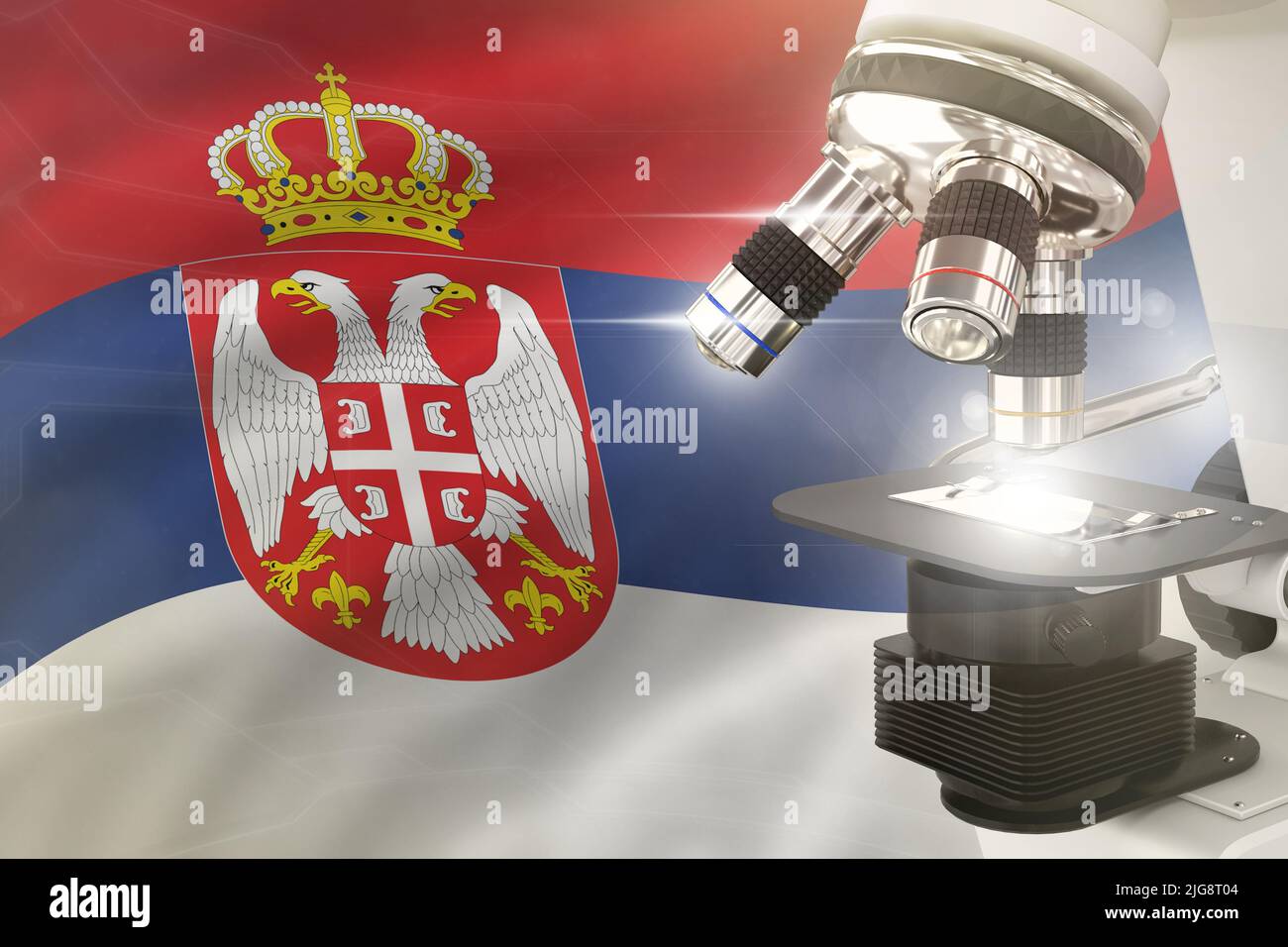 Serbia science development concept - microscope on flag background ...