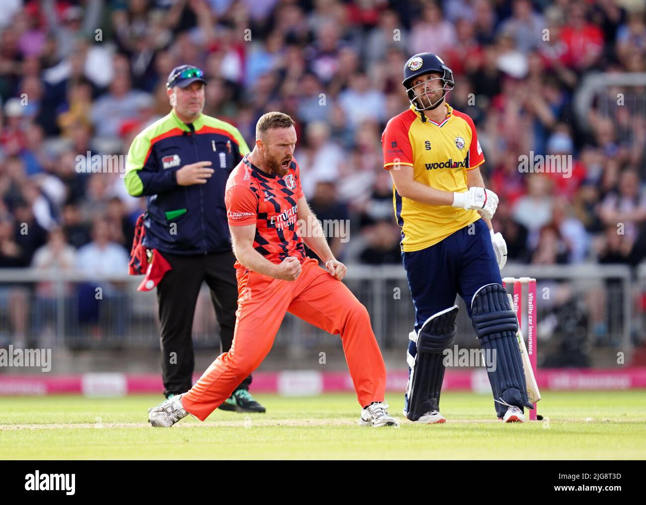 Lancashire's Danny Lamb celebrates the wicket of Essex's Matt Critchley ...