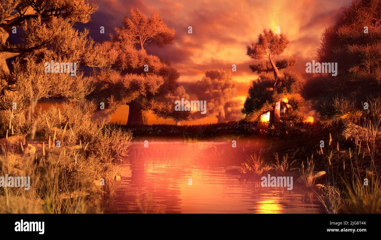 Beautiful golden sundown woods lake nature background - nature 3D ...
