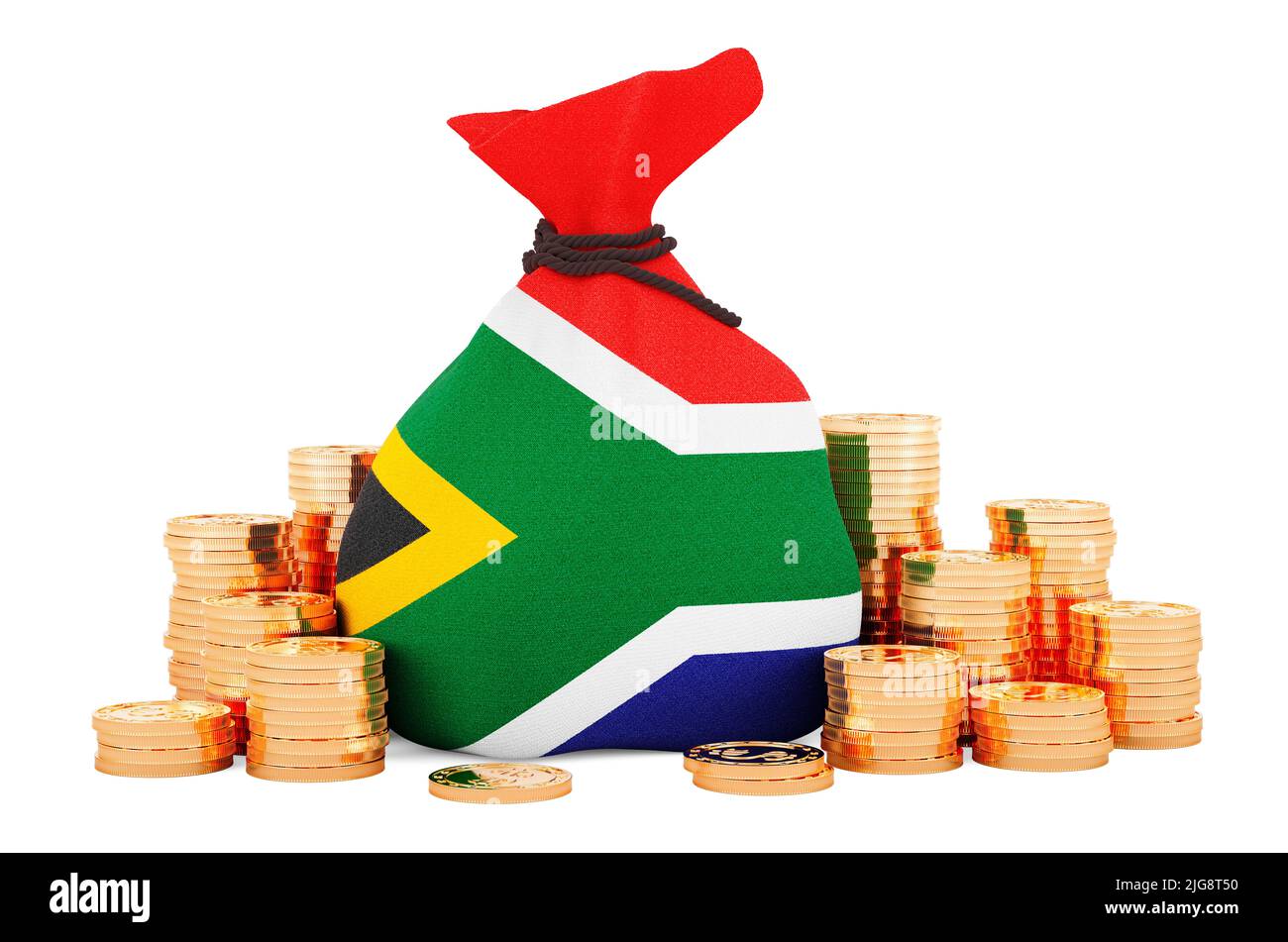 Money bag with South African flag and golden coins around, 3D rendering ...